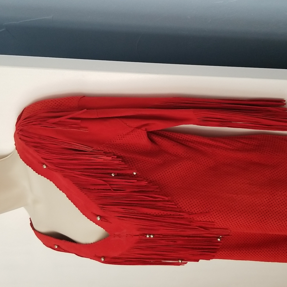 Vintage Ren Ellis Lamb Suede Fringe Dress Red Small U… - Gem
